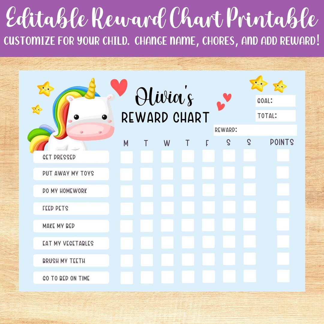 Chore Chart for Kids Printable Girls Unicorn Reward Behavior ...