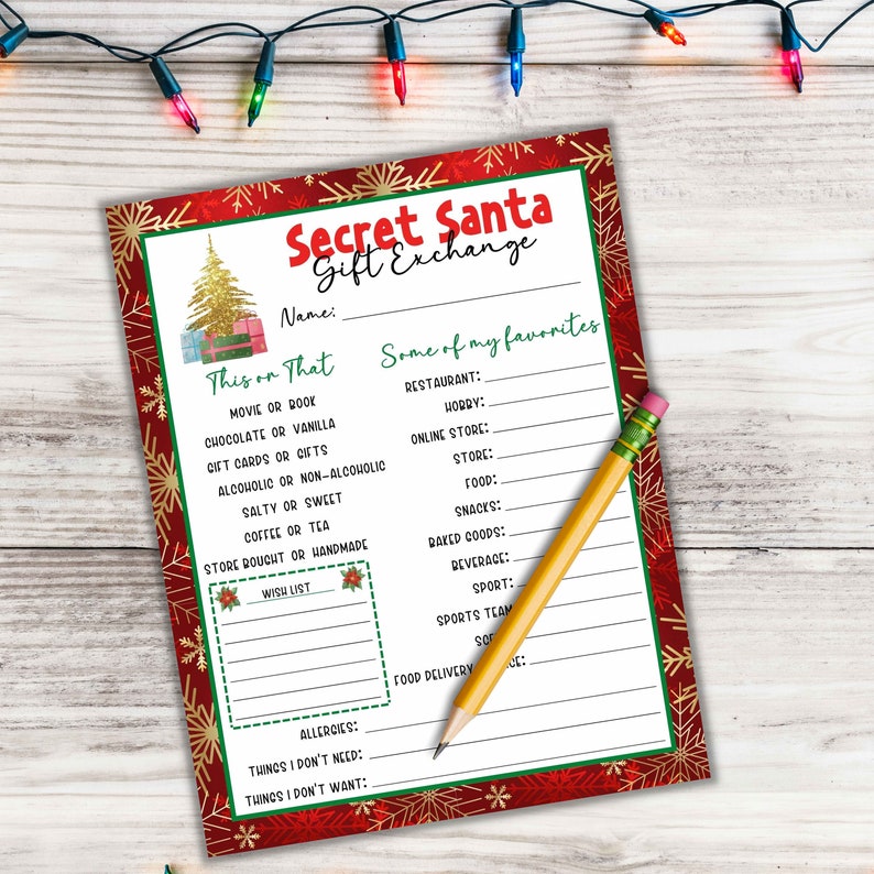 Secret Santa Questionnaire Printable Editable Template for Christmas ...