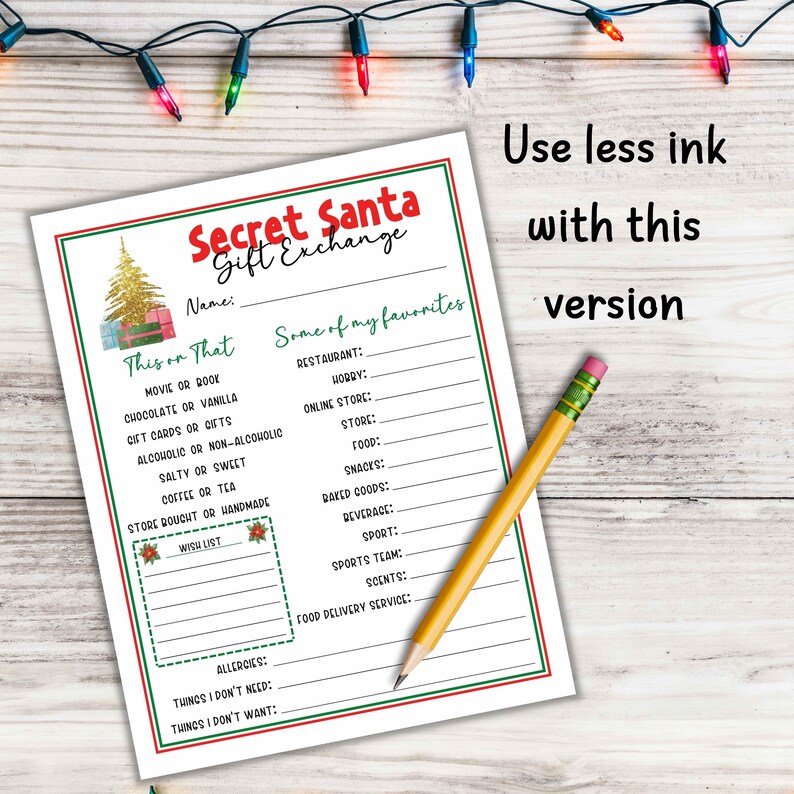 Secret Santa Questionnaire Printable Editable Template for Christmas ...