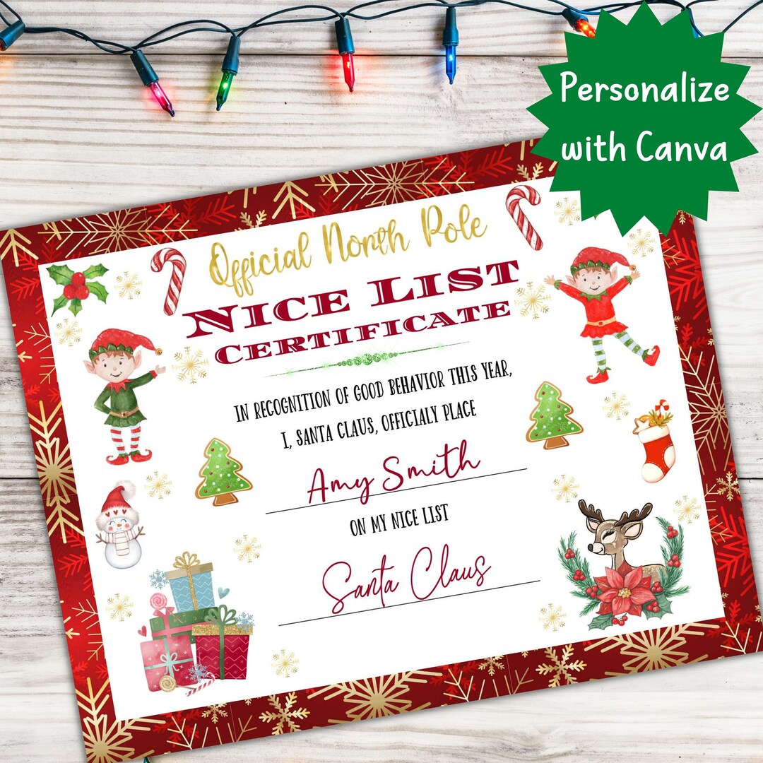 Personalized Nice List Certificate Template Printable Download Edit in ...