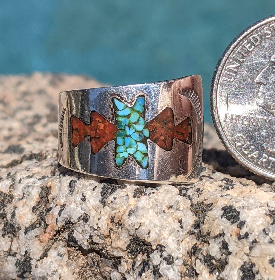 Zuni Signed Turquoise & Coral Inlay Sterling Ring - Etsy