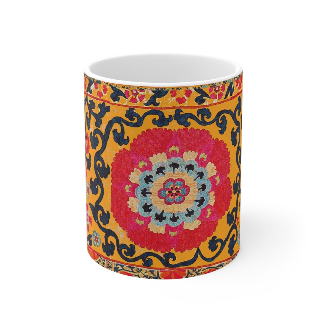 Suzani Ceramic Mug, Uzbekistan Design Coffee Mugs, Bohemian Ethnic Two ...