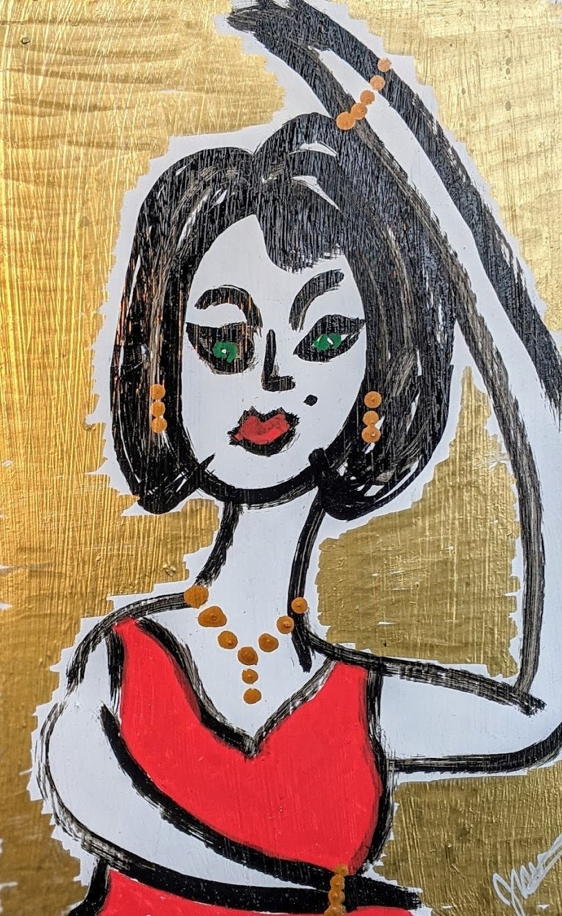 Painting - Lady in Red Dress - Oil and Acrylic Paint Pen on Board ...