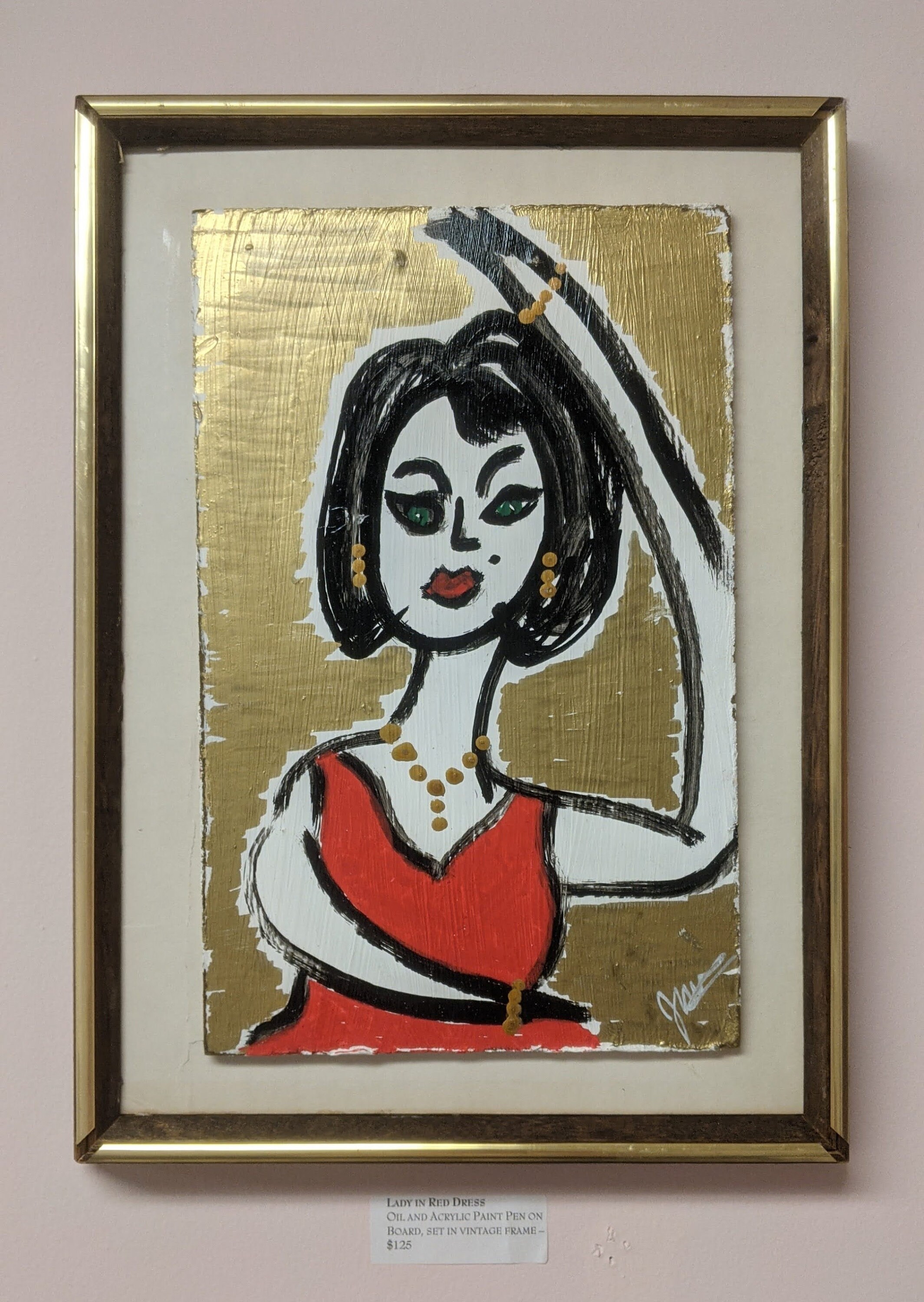 Painting - Lady in Red Dress - Oil and Acrylic Paint Pen on Board ...