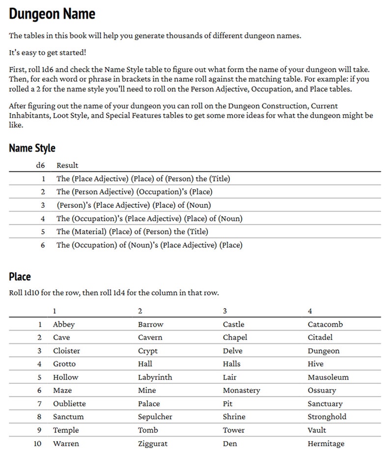 Dungeon Dictionary - Printable Random Tables for Dungeon Creation in ...