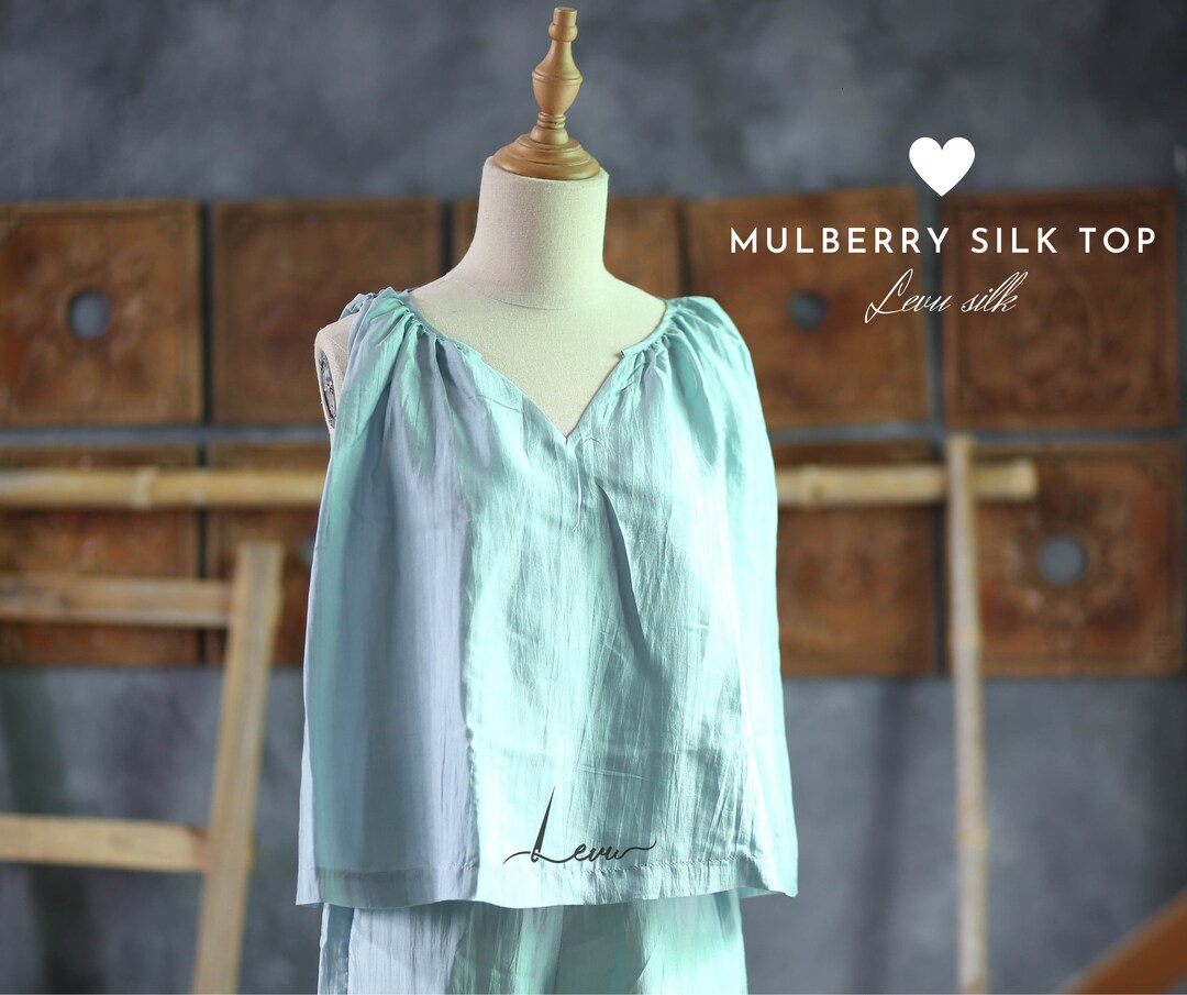 Shoulder Pleats Pure Silk Top for Woman | Deep V Spring Summer Mulberry ...