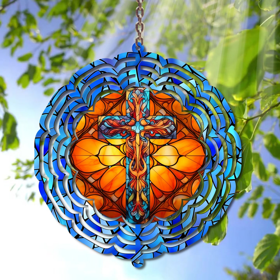 Christian Wind Spinner PNG - Colorful Stained Glass Cross Sublimation ...