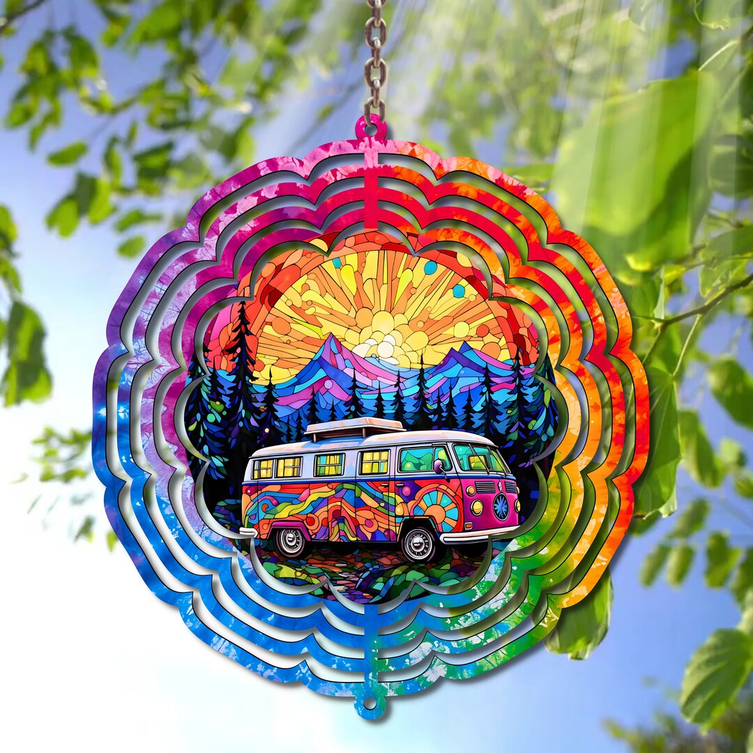 Hippie Van Wind Spinner Sublimation Design - Colorful Stained Glass PNG ...