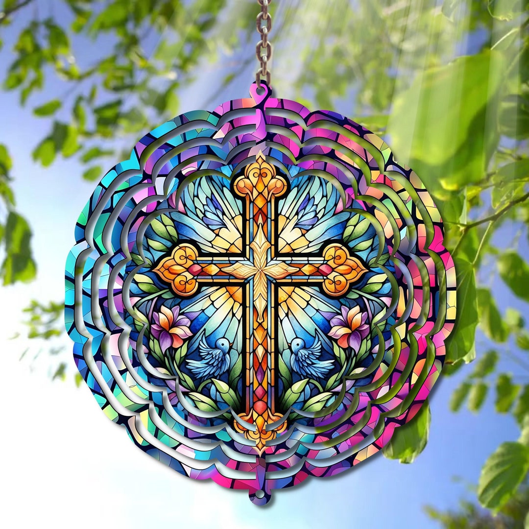 Christian Wind Spinner PNG - Colorful Stained Glass Cross Sublimation ...