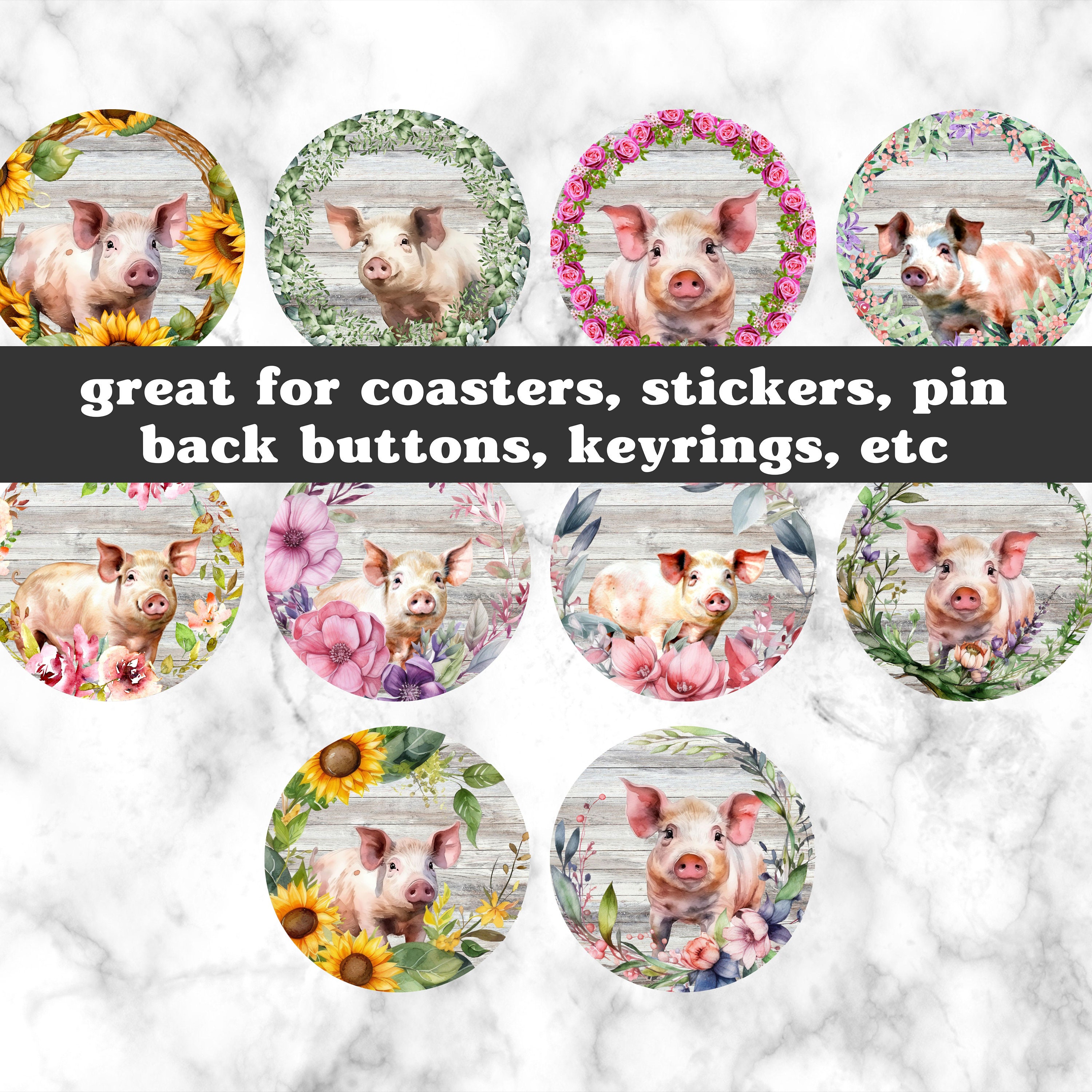 Pig Car Coaster PNG Bundle - Set of 12 Farmhouse Farm Animal Round ...