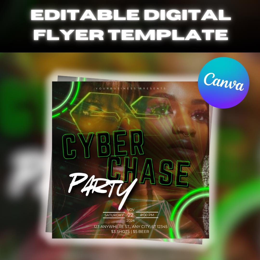 Editable Canva Party Club Flyer Cyber Chase Template for Promoters Djs ...