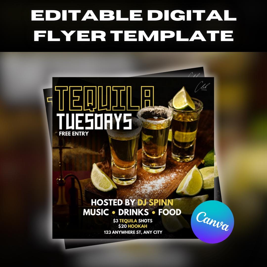 Editable Digital Flyer Party Club Canva Template Tequila Tuesday Night ...