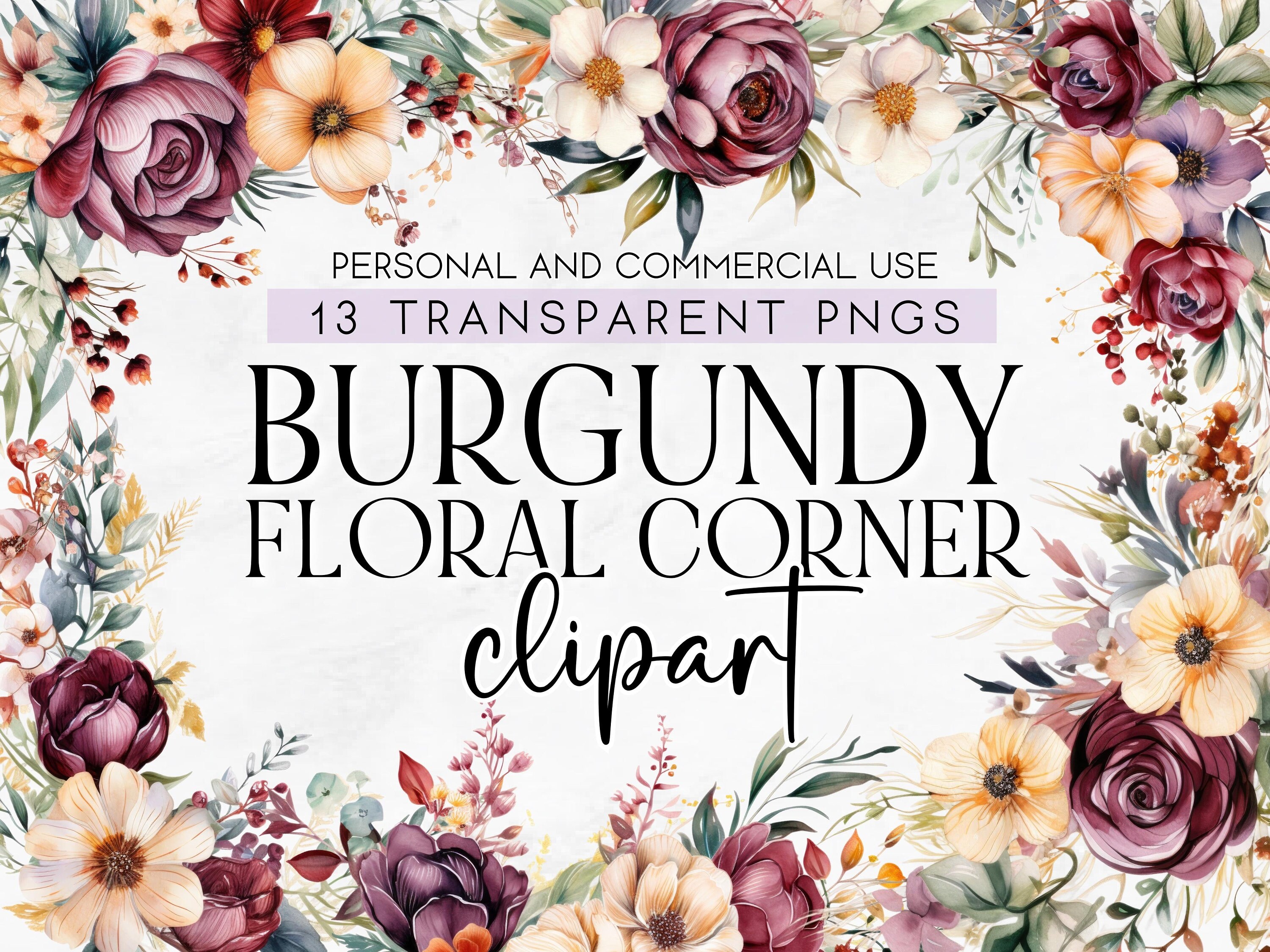 13 Burgundy Flowers Clipart, Floral Clipart Corners, Page Corner ...