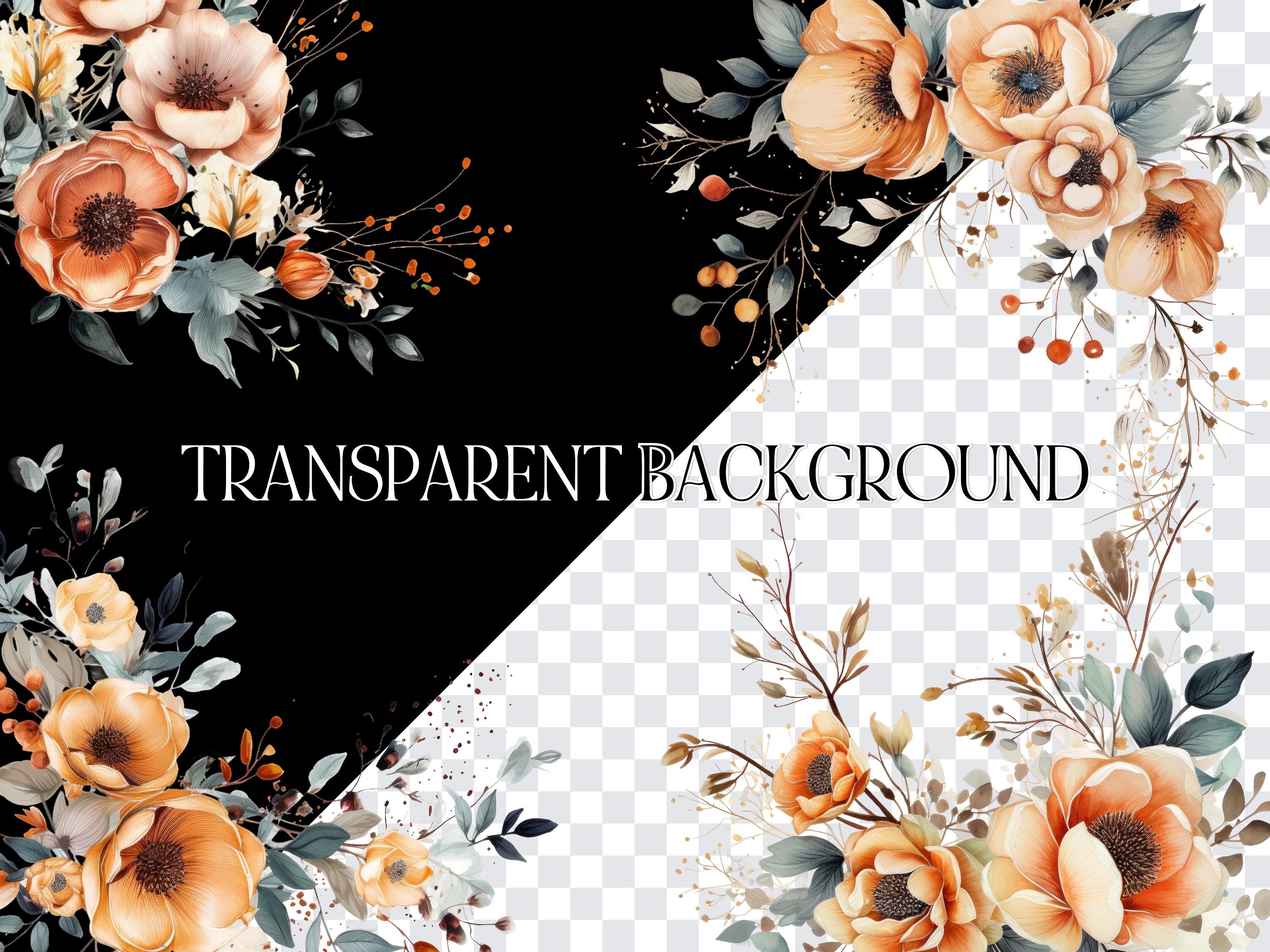 11 Watercolor Peach Corner Flowers Clipart, Floral Corner Clipart ...