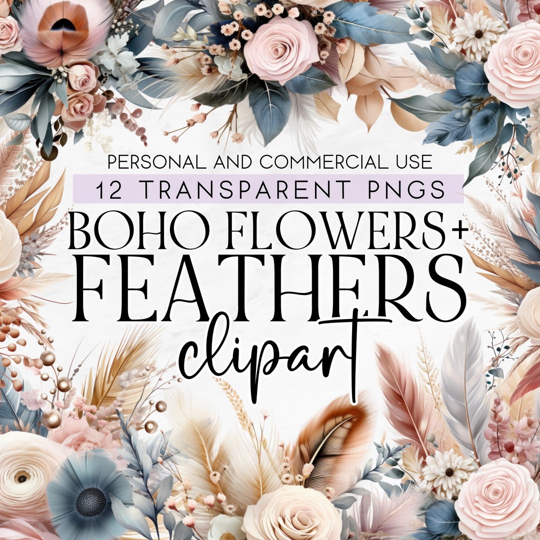 12 Boho Flower Feather Bouquet Clipart, Boho Bouquet Watercolor Flowers ...