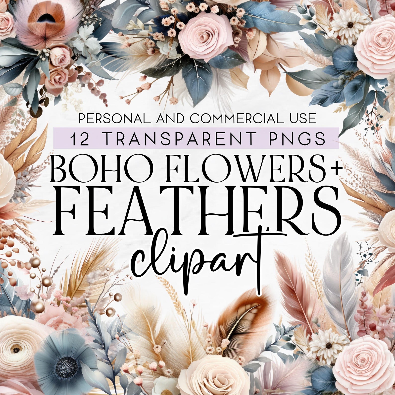 12 Boho Flower Feather Bouquet Clipart, Boho Bouquet Watercolor Flowers ...