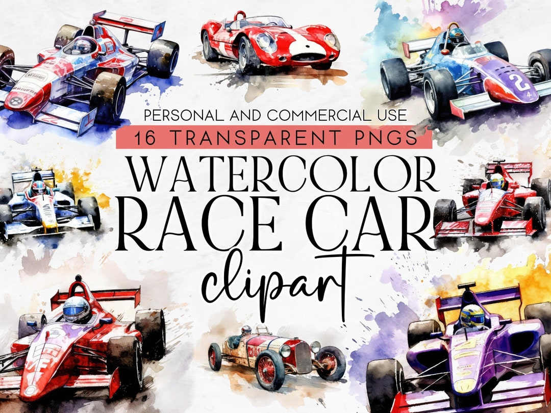 16 Watercolor Race Car Clipart, Commercial Use Clipart, Transparent PNG ...