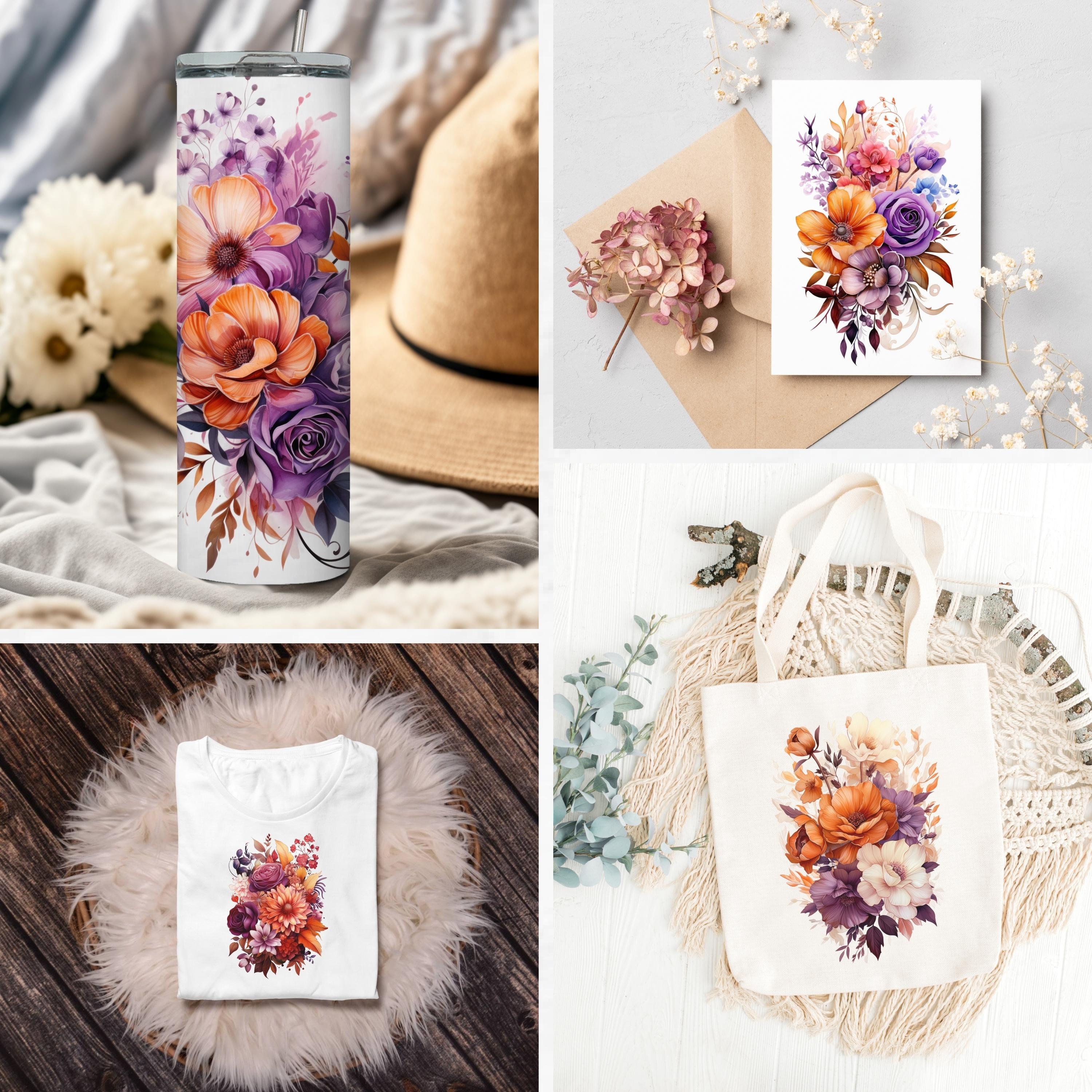 30 Purple and Orange Florals, Watercolor Floral Clipart, Commercial Use ...