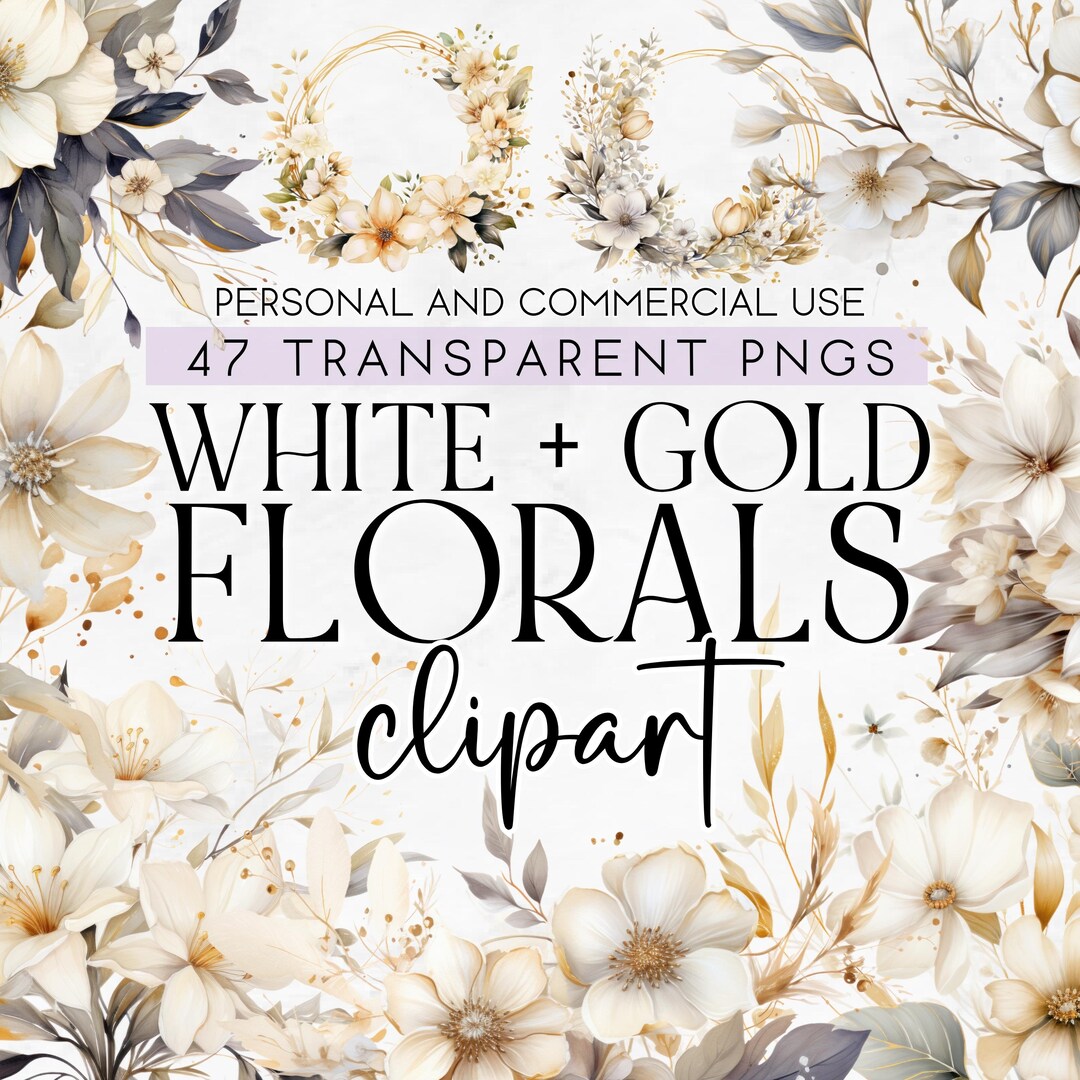 47 White and Gold Floral Clipart, White Flower Clipart, Wedding Flower ...