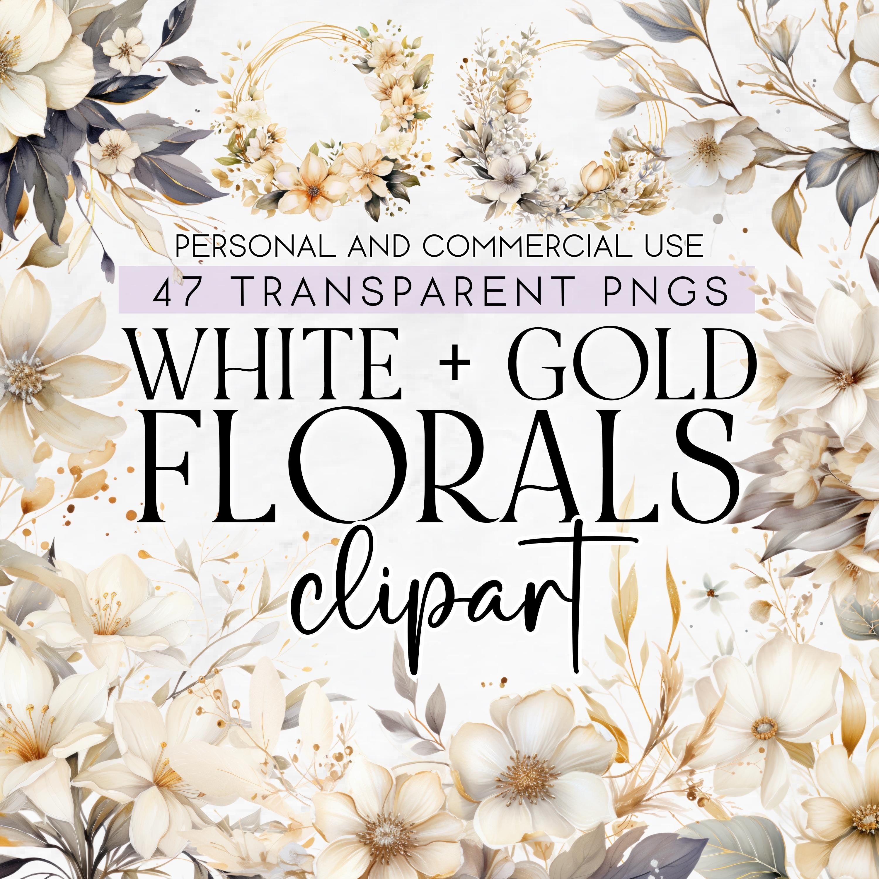 47 White and Gold Floral Clipart, White Flower Clipart, Wedding Flower ...