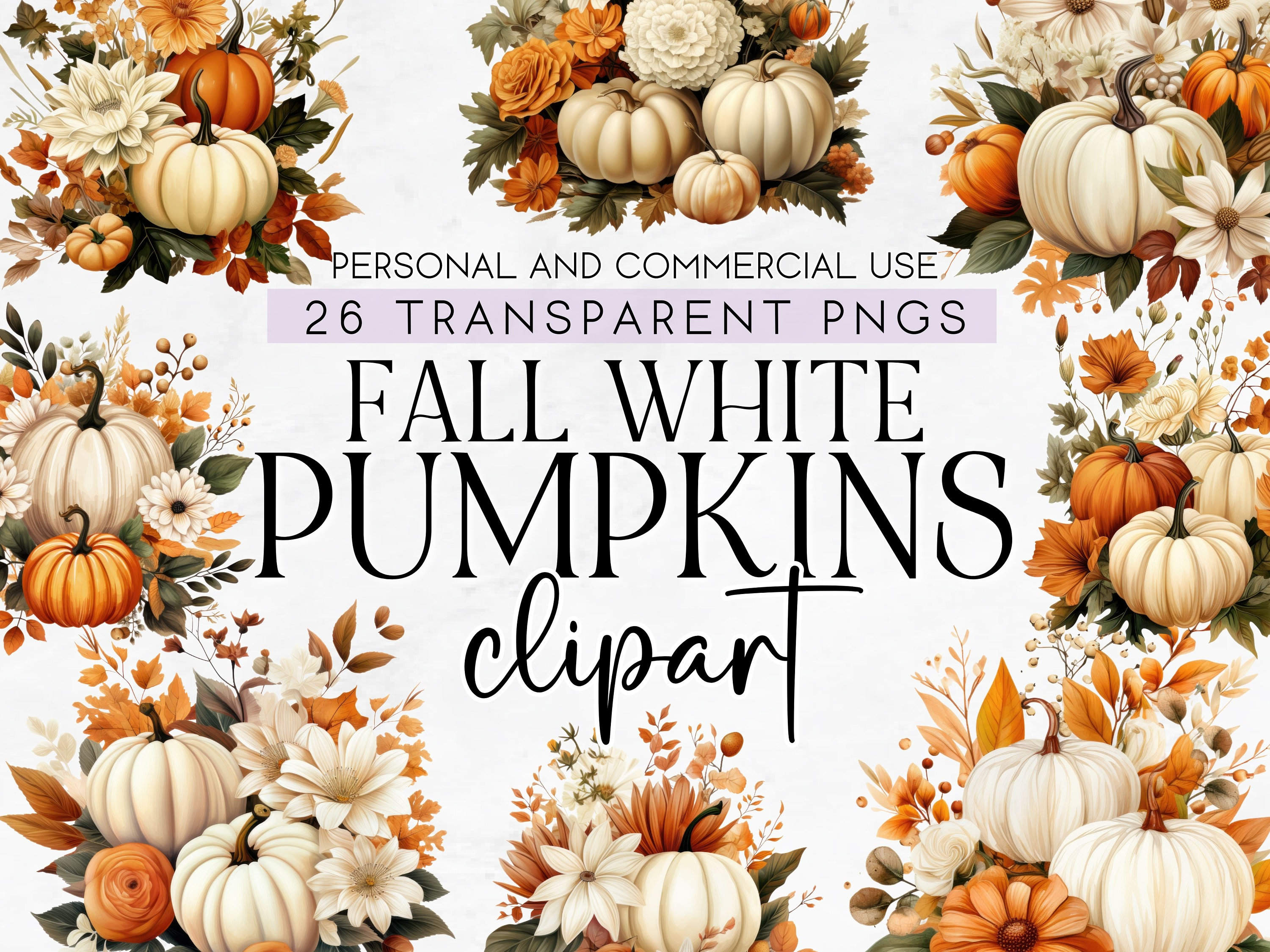 26 White Pumpkin Clipart, Watercolor White Pumpkins and Flowers Clipart ...