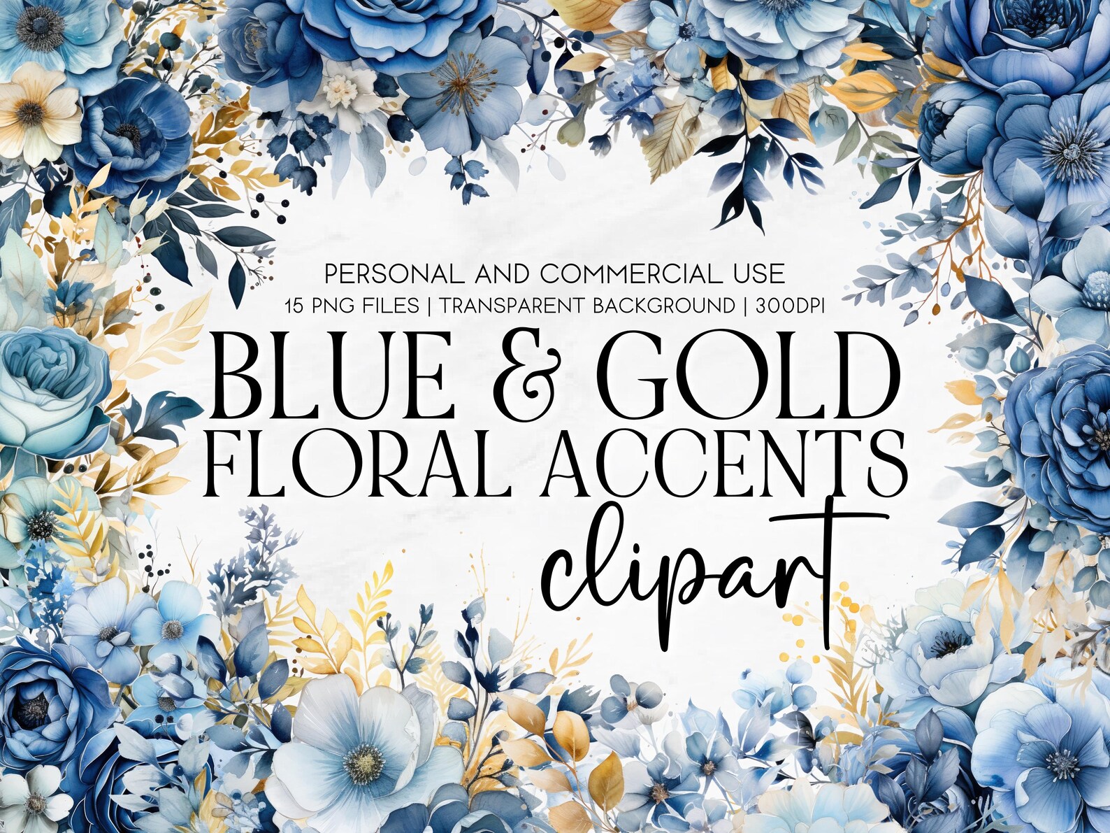 15 Navy Blue and Gold Floral Clipart Page Accents, Commercial Use ...
