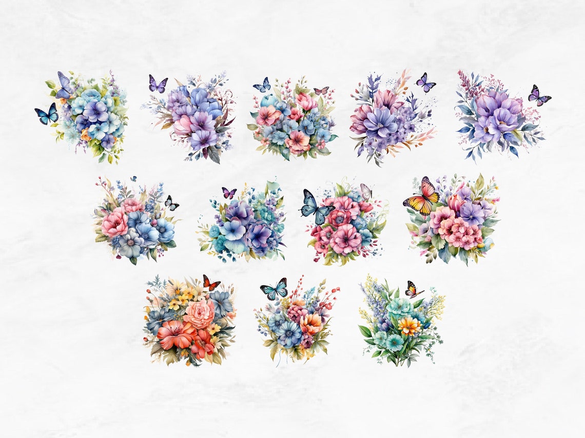42 Watercolor Flowers With Butterflies Bundle Floral - Etsy