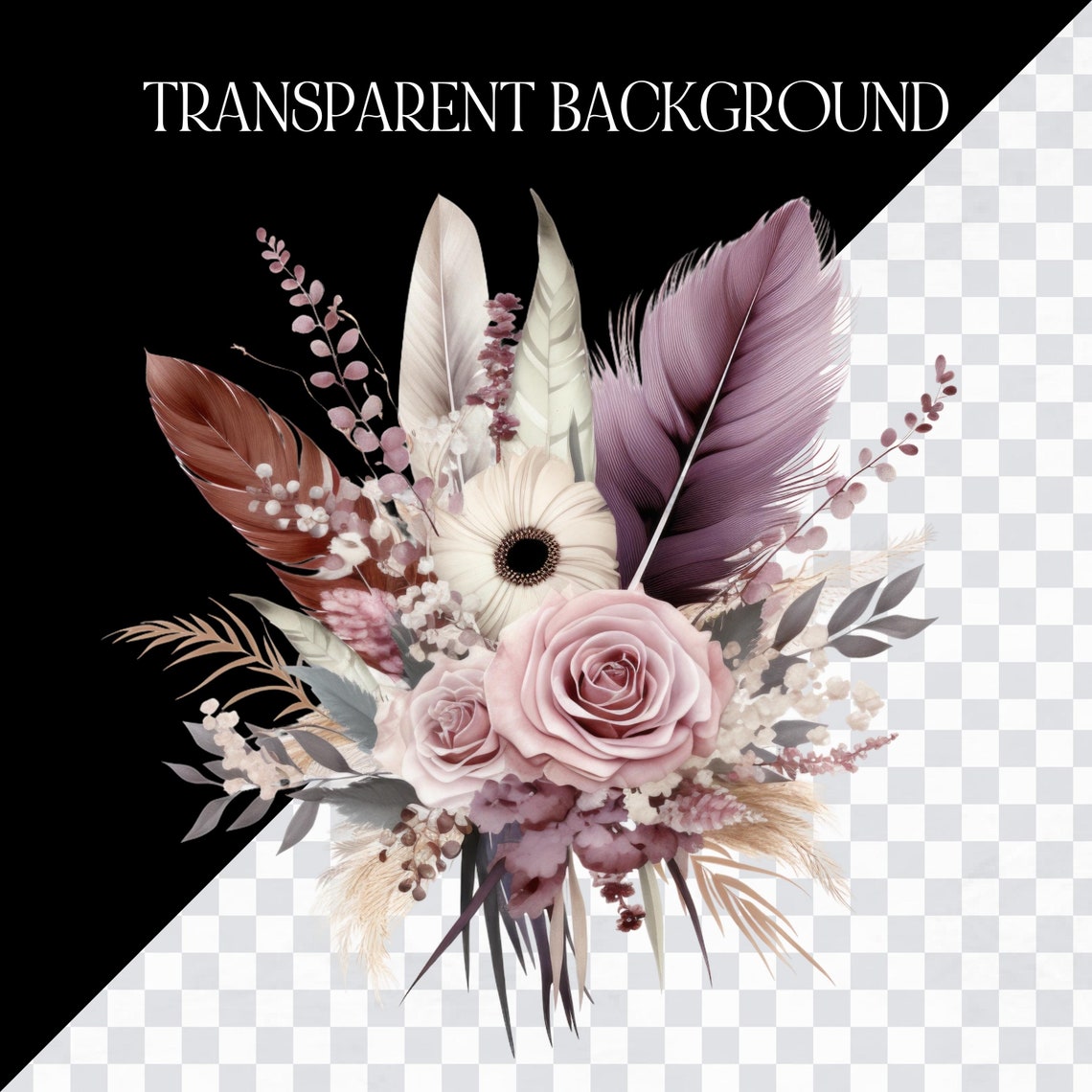 20 Purple Boho Flowers and Feathers Clipart, Purple Boho PNG, Boho ...