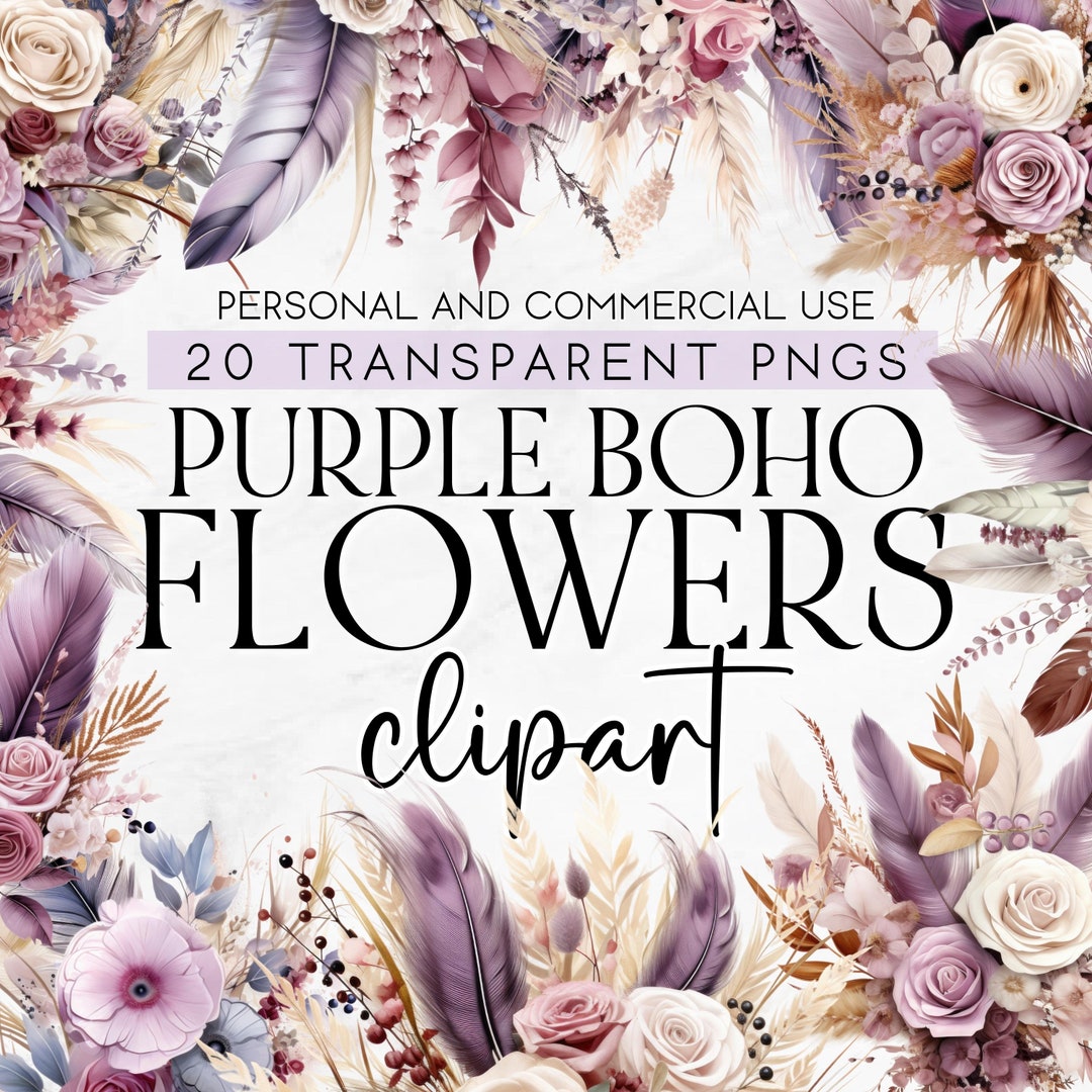 20 Purple Boho Flowers and Feathers Clipart, Purple Boho PNG, Boho ...