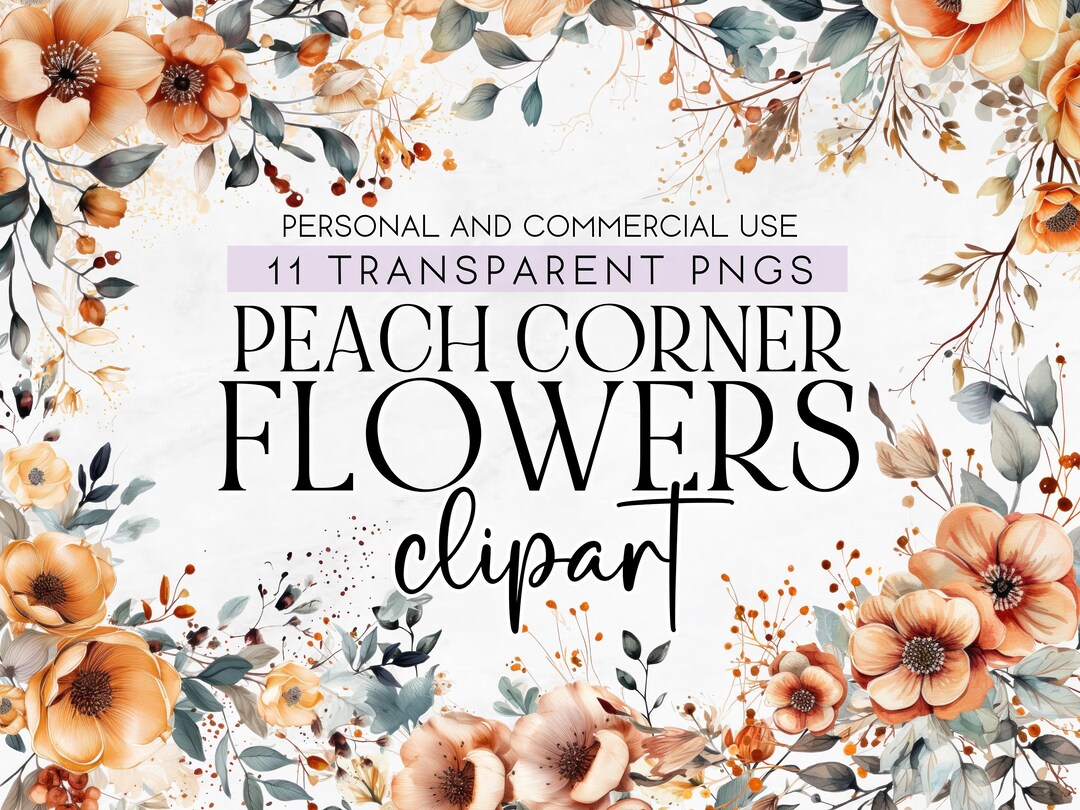 11 Watercolor Peach Corner Flowers Clipart, Floral Corner Clipart ...