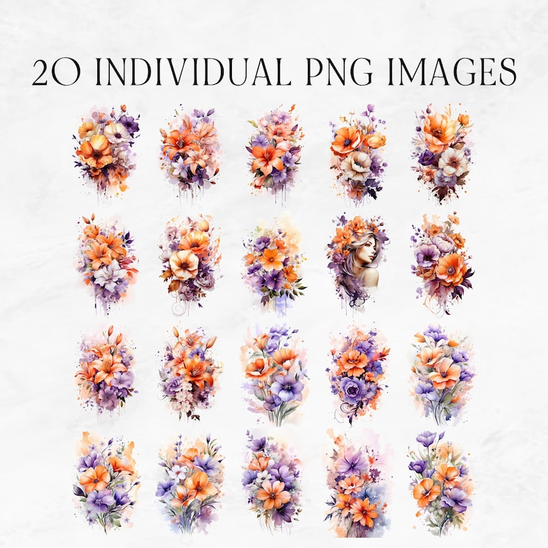 20 Watercolor Orange and Purple Bouquets Clipart, Orange Flower ...