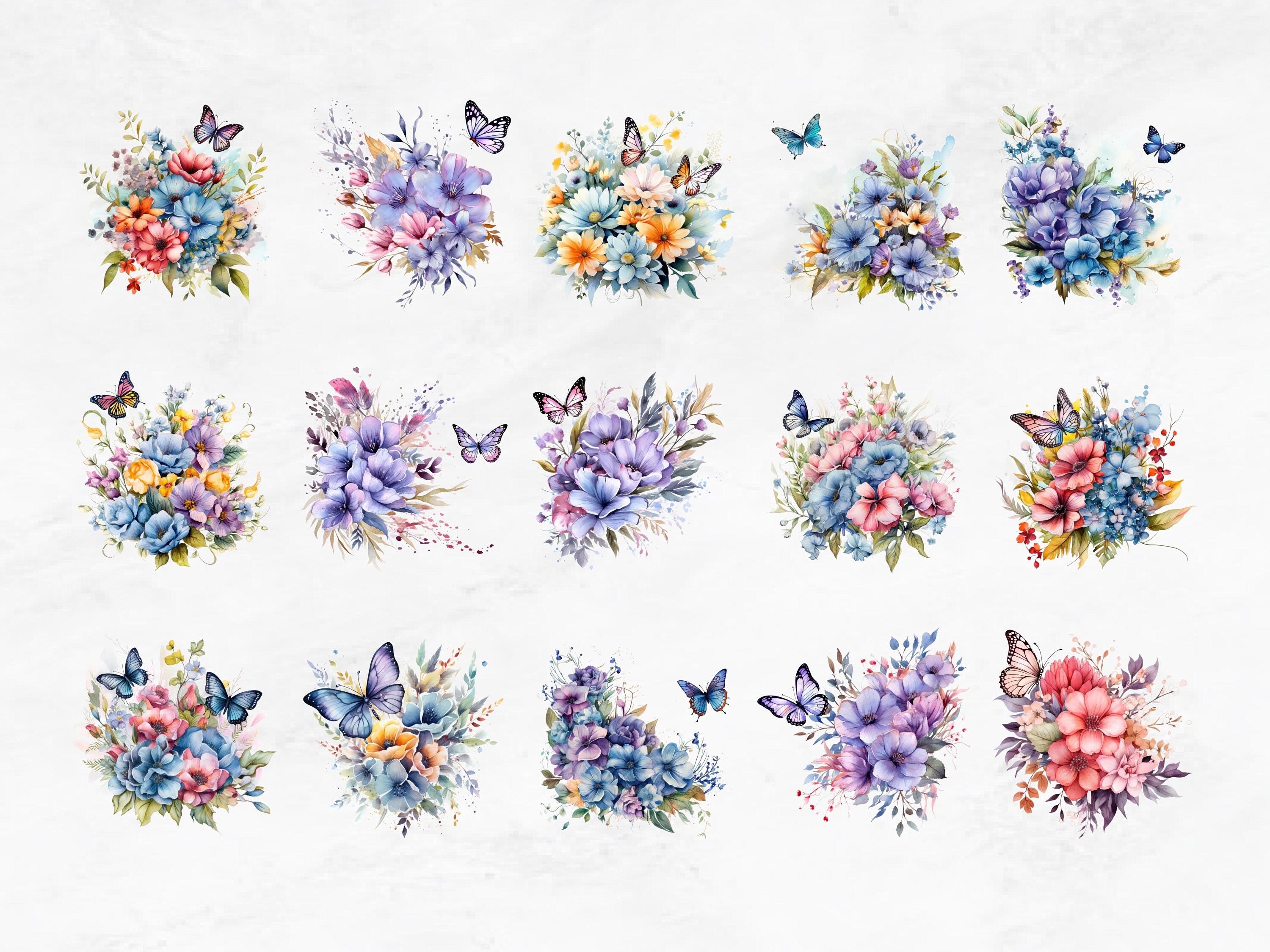 42 Watercolor Flowers With Butterflies Bundle, Floral Butterfly ...