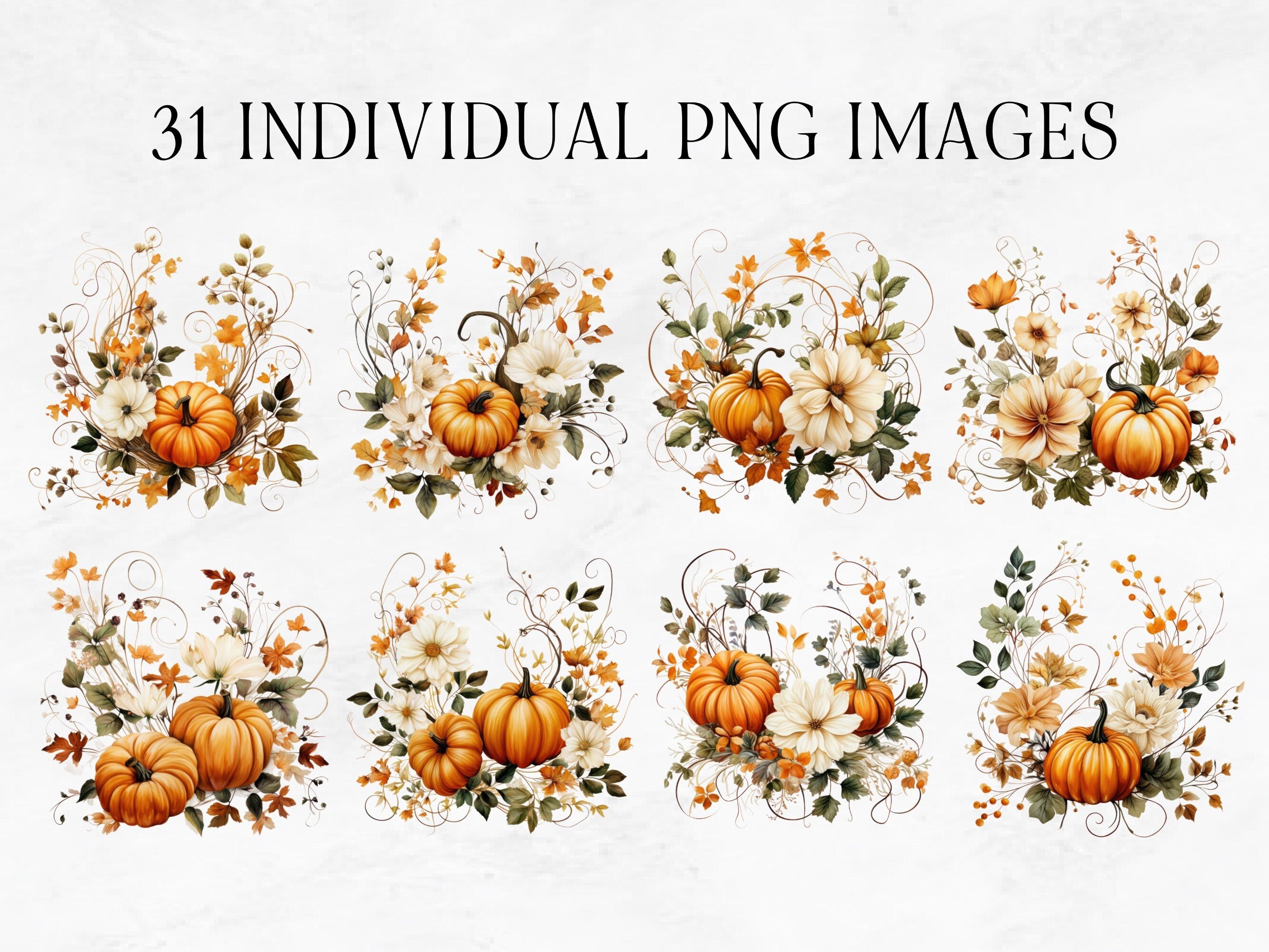 31 Pumpkin and Vines Fall Clipart, Commercial Use Clipart, Transparent ...