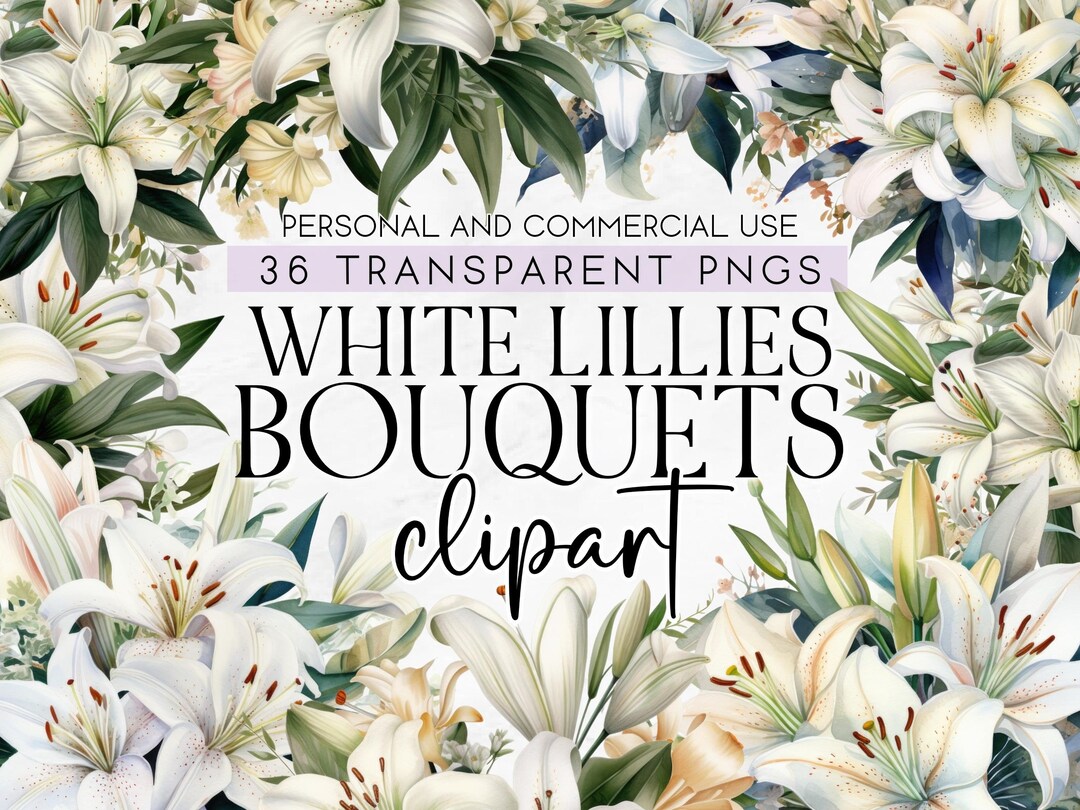 36 White Lillies Floral Bouquet Clipart, Wedding Clipart, Wedding ...