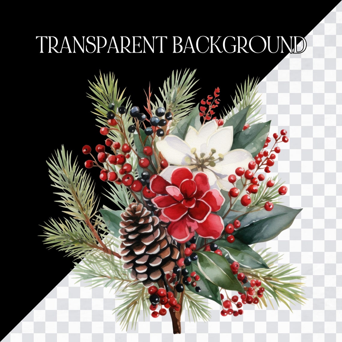 16 Traditional Christmas Floral Clipart, Christmas Floral Watercolor ...