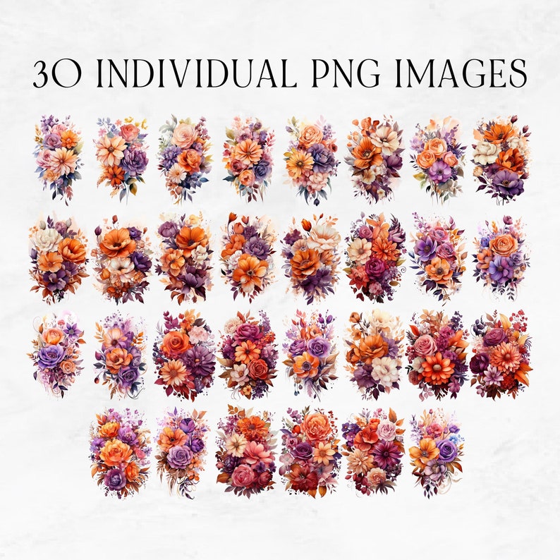 30 Purple and Orange Florals, Watercolor Floral Clipart, Commercial Use ...