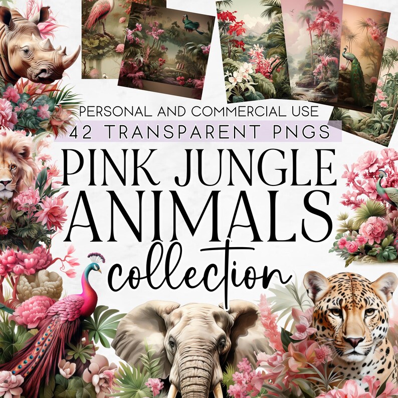 Pink Jungle Animals Clipart Collection, Jungle Safari Clipart ...