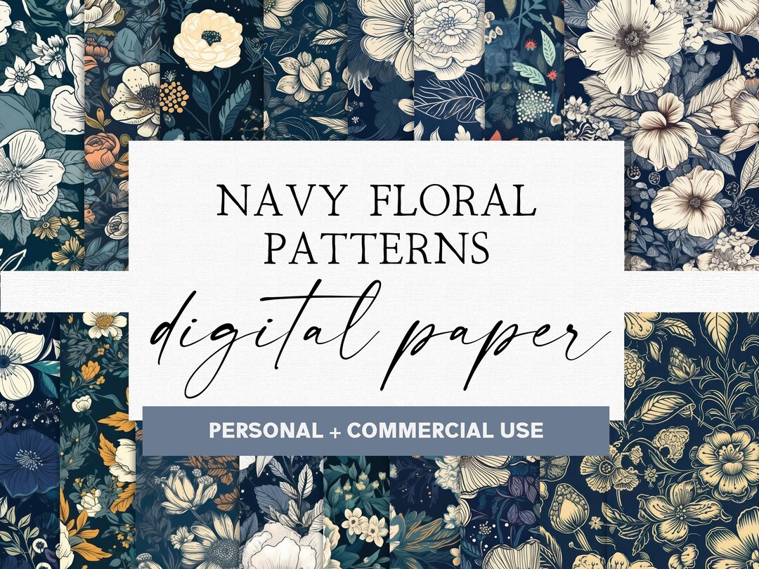 Navy Floral Digital Paper | Commercial Use Digital Paper | Digital ...