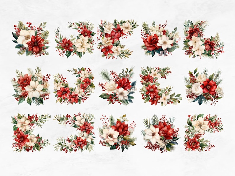 55 Christmas Flowers Clipart Bundle, Commercial Use Clipart ...