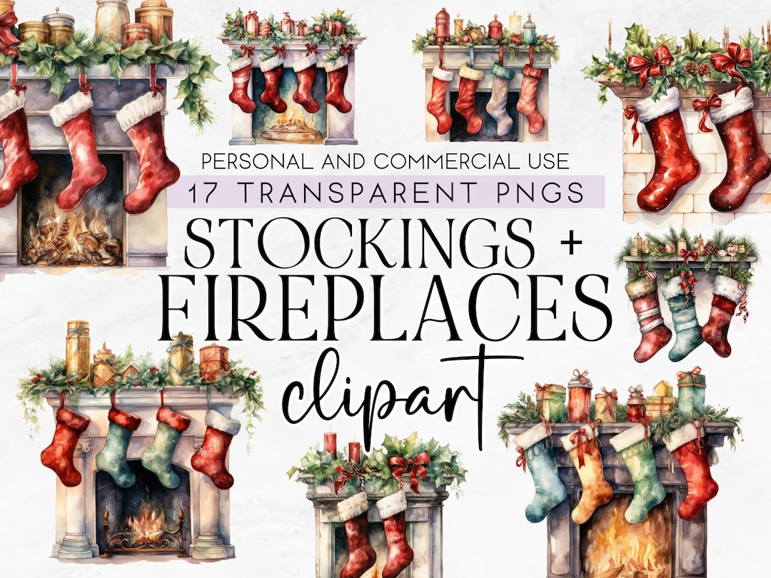 17 Christmas Stockings and Fireplaces Clipart, Commercial Use Clipart ...