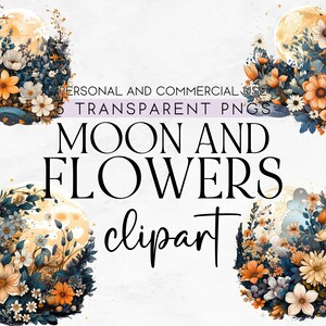 5 Floral Moons Watercolor Clipart, Floral Moon Clipart, Commercial Use ...