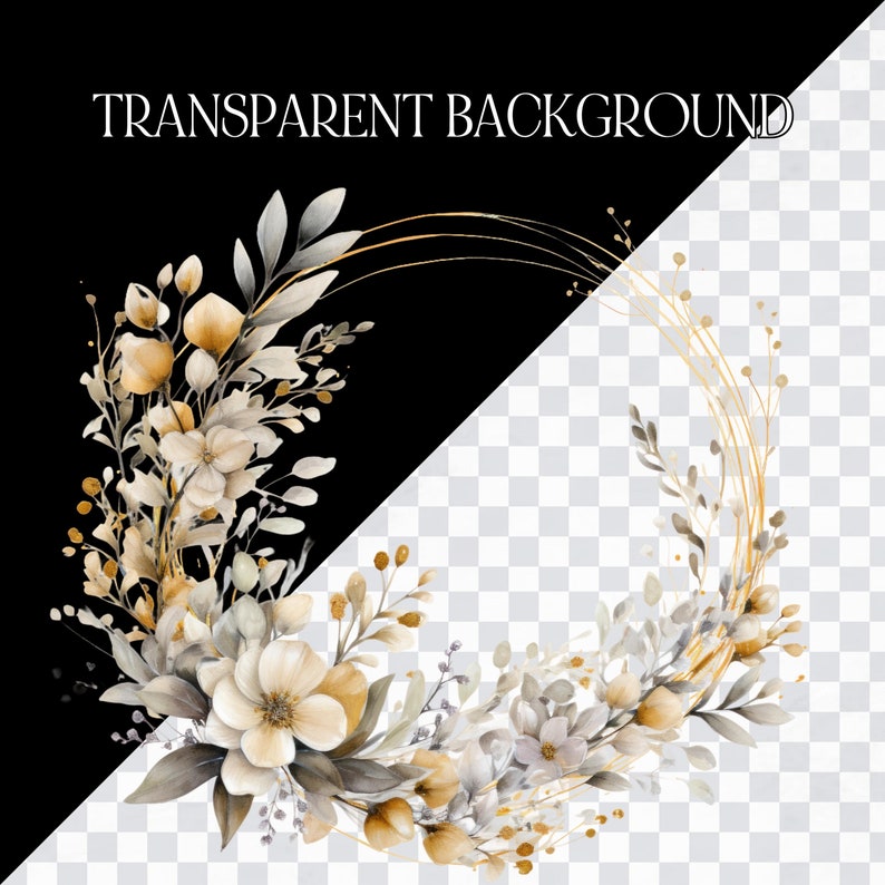 47 White and Gold Floral Clipart, White Flower Clipart, Wedding Flower ...