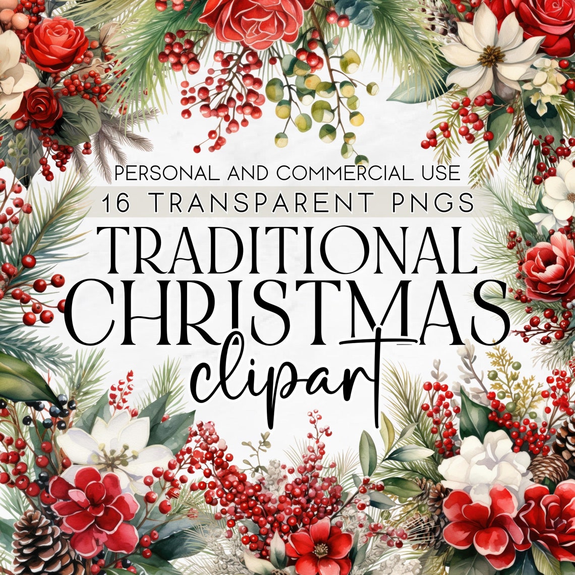 16 Traditional Christmas Floral Clipart, Christmas Floral Watercolor ...