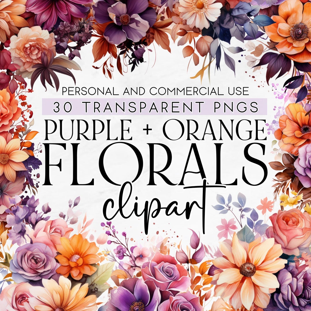 30 Purple and Orange Florals, Watercolor Floral Clipart, Commercial Use ...