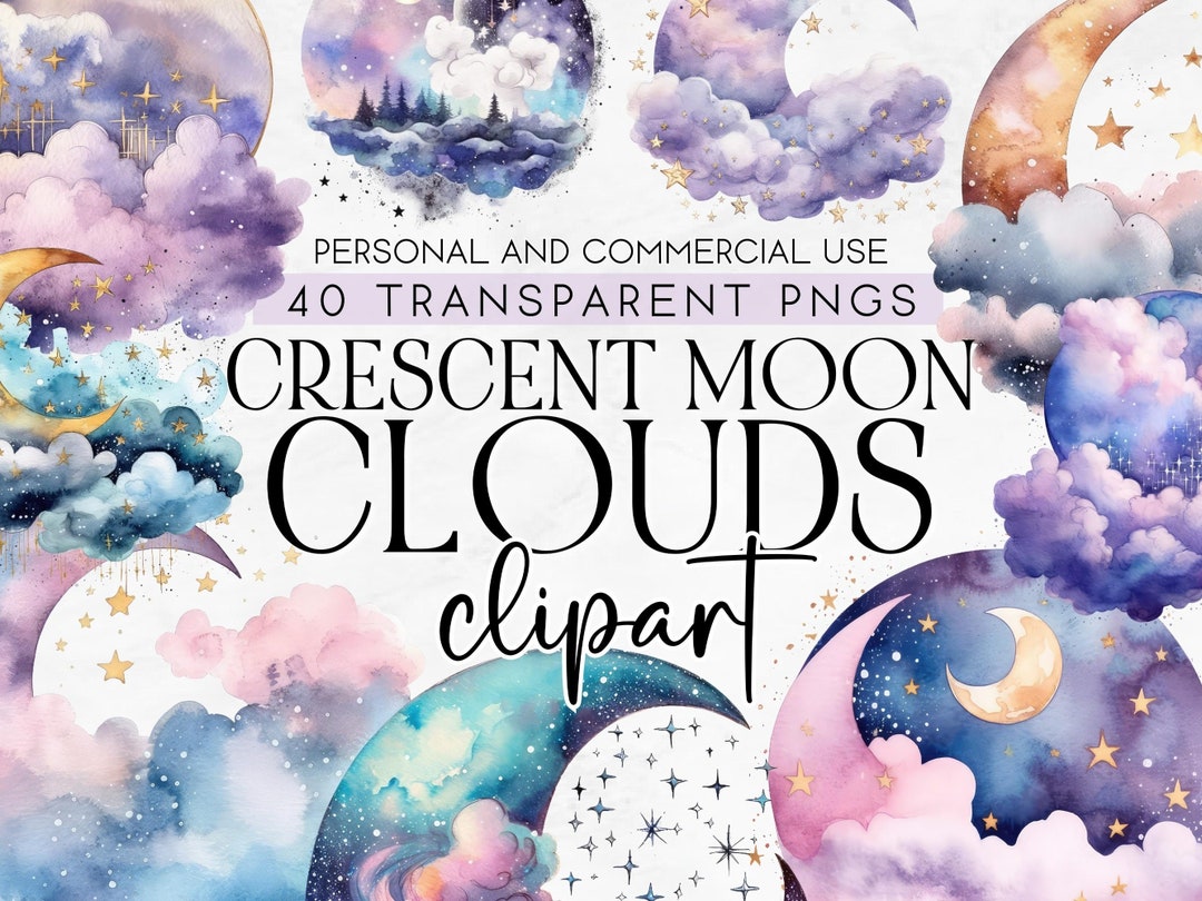 40 Watercolor Crescent Moon Clipart, Clouds and Moon Clipart ...