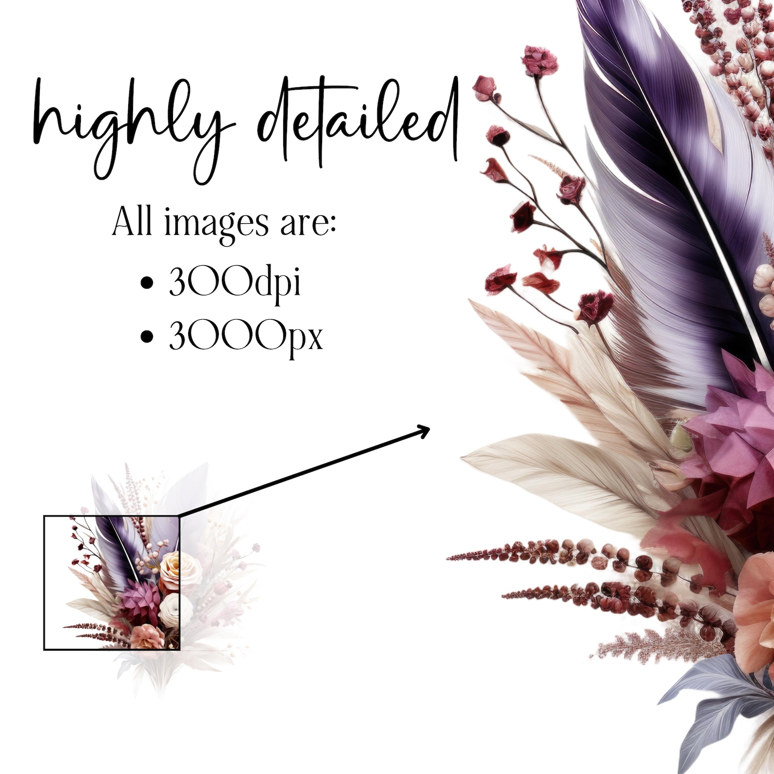 20 Purple Boho Flowers and Feathers Clipart, Purple Boho PNG, Boho ...