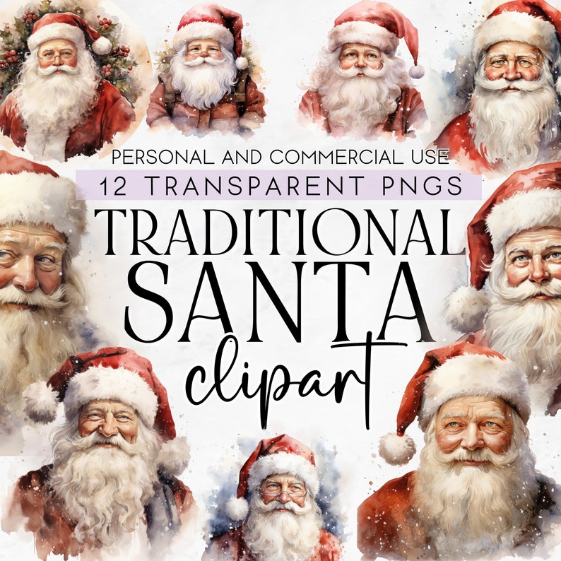 12 Traditional Santa Png, Classic Santa Clipart, Watercolor Christmas ...