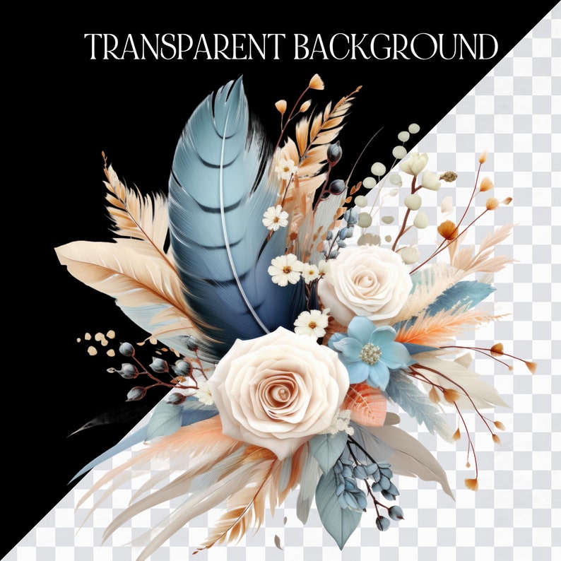 17 Blue Boho Flowers and Feathers Clipart, Commercial Use Clipart, PNG ...