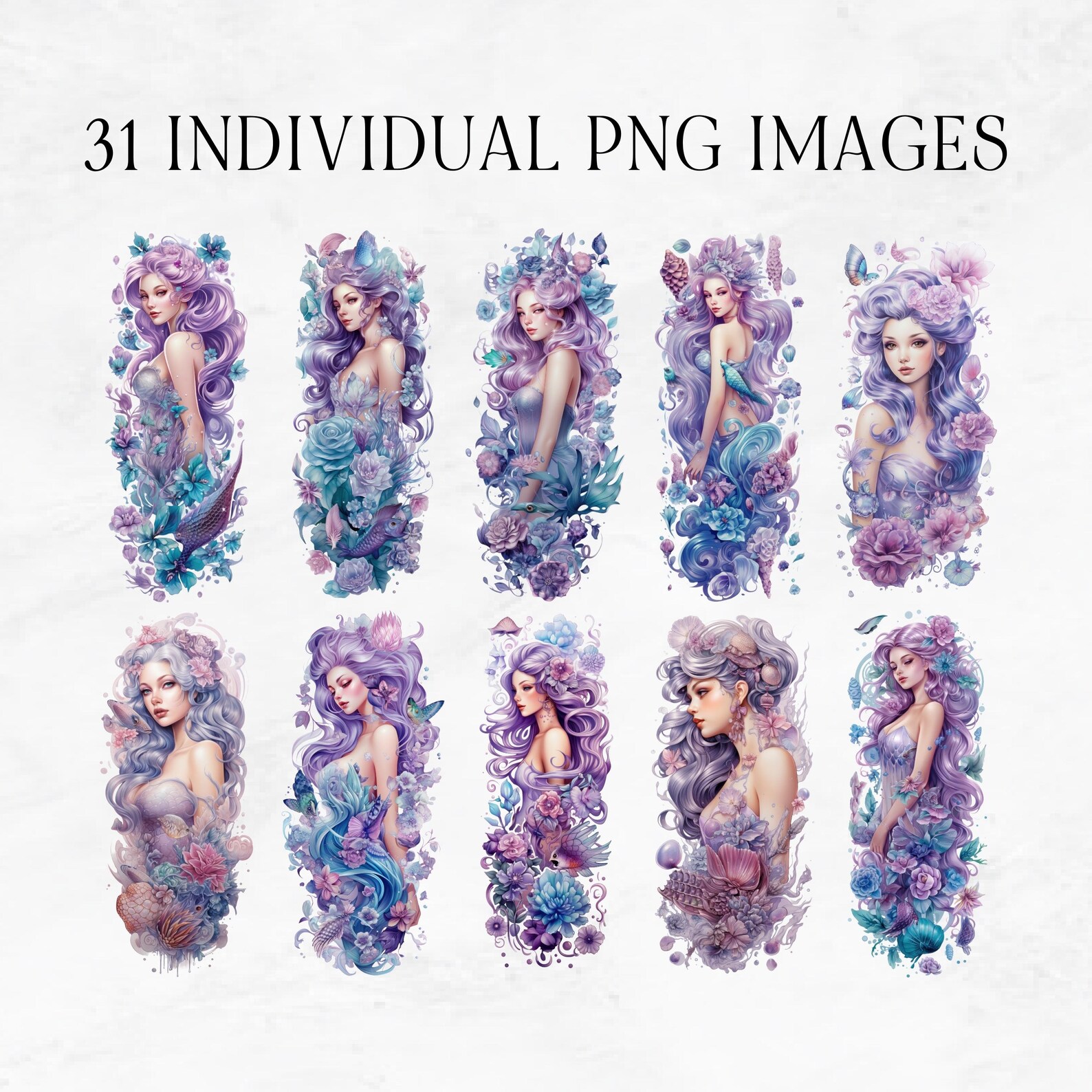 31 Blue and Purple Mermaids Clipart, Watercolor Mermaid Clipart ...