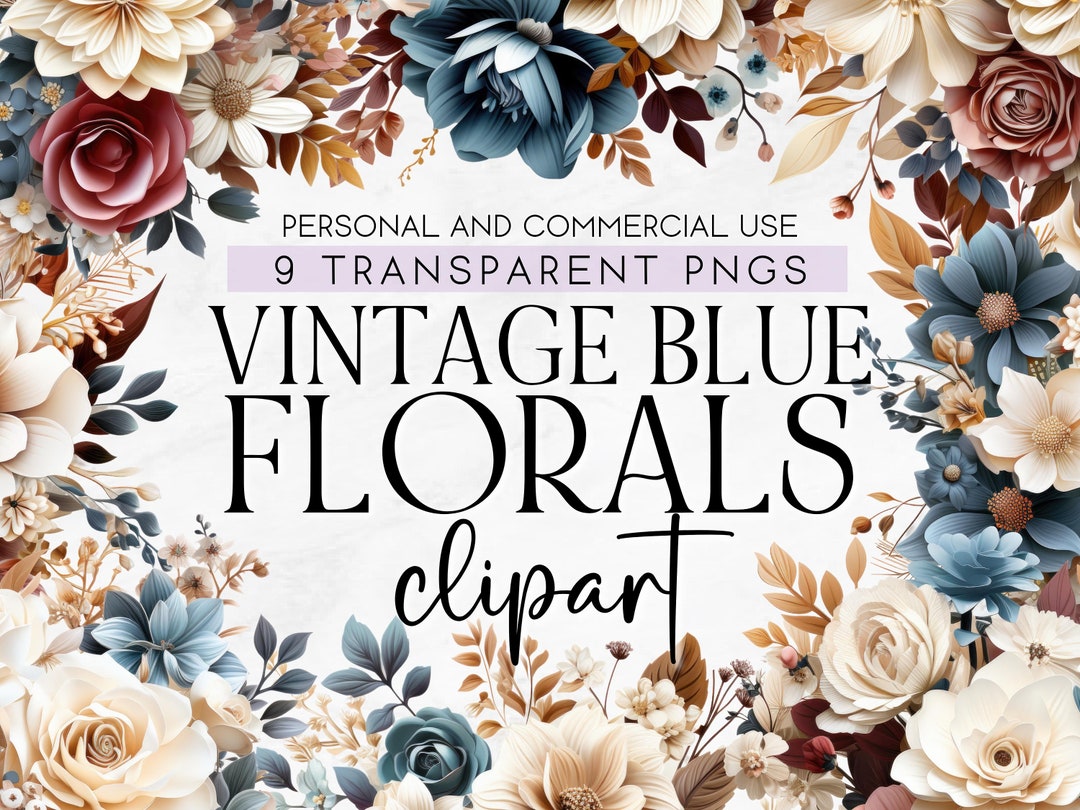 9 Vintage Blue Florals Clipart, Dusty Blue Wedding Flowers Clipart ...